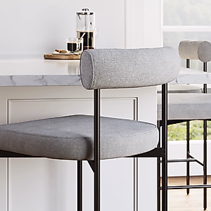 Nathan James Dahlia Counter Height Chair, Modern Barstool with Back, Mid-Century Metal Legs and Padded Cushion for Kitchen, Island and Bars, Light Grey/Black