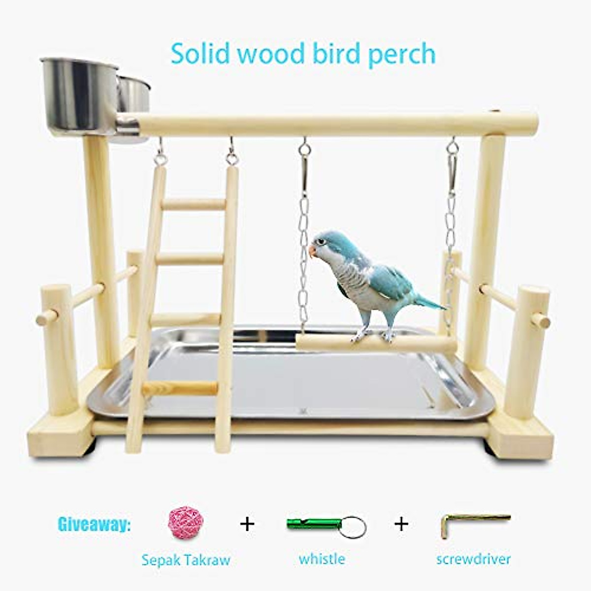 Bird Perch Parrot playstand Wood Perch Gym Cockatiel Swing Ladder with Feeder Cups Toys 14.1in×9.8in×9in