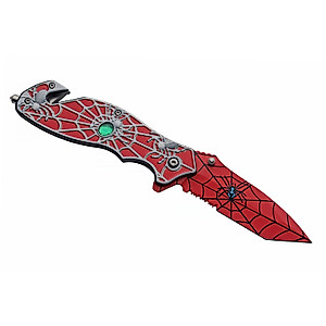8” Red Spiderweb Assisted Open Pocket Folding Edc Knife Red Stainless Steel Clip Point Blade With Spider Web Print Red Aluminum Handle With Green Jewel Inlay