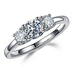 Moissanite 3 Stone Anniversary Rings for Women, Brilliant D Color VVS1 Clarity Conflict-Free Lab Created Diamond Band 14k White Gold Vermeil S925 Sterling Silver Moissanite Rings for Women Gifts