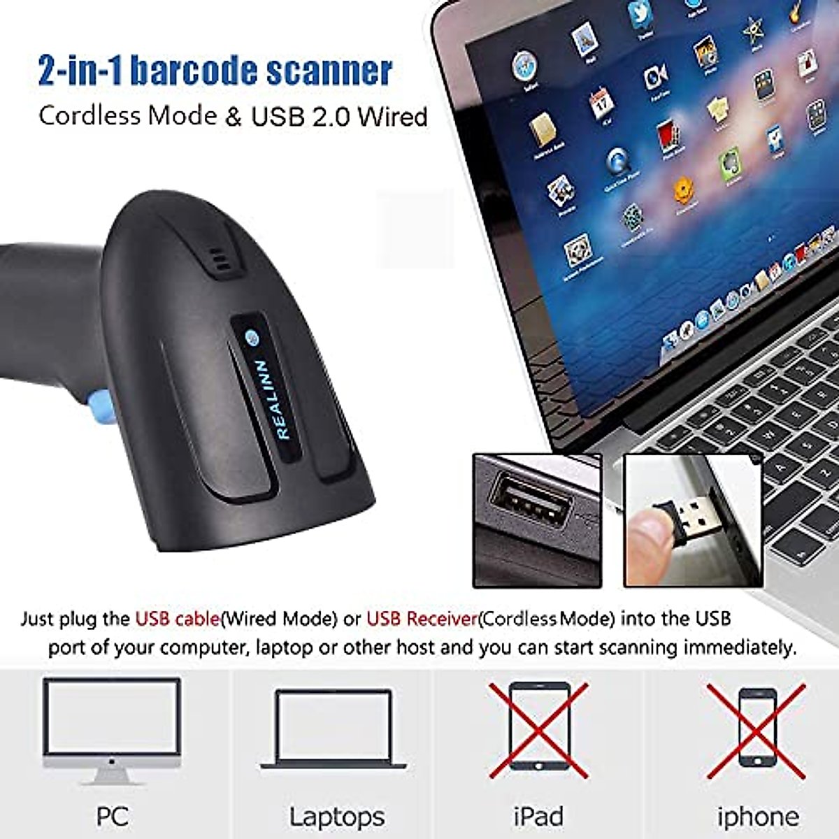 REALINN Wireless 2D QR Barcode Scanner Rechargeable Automatic Hanheld Code Reader Dustproof Waterproof Shockproof Fast and Precide for Mobile Payment, Store, Supermarket, Warehouse