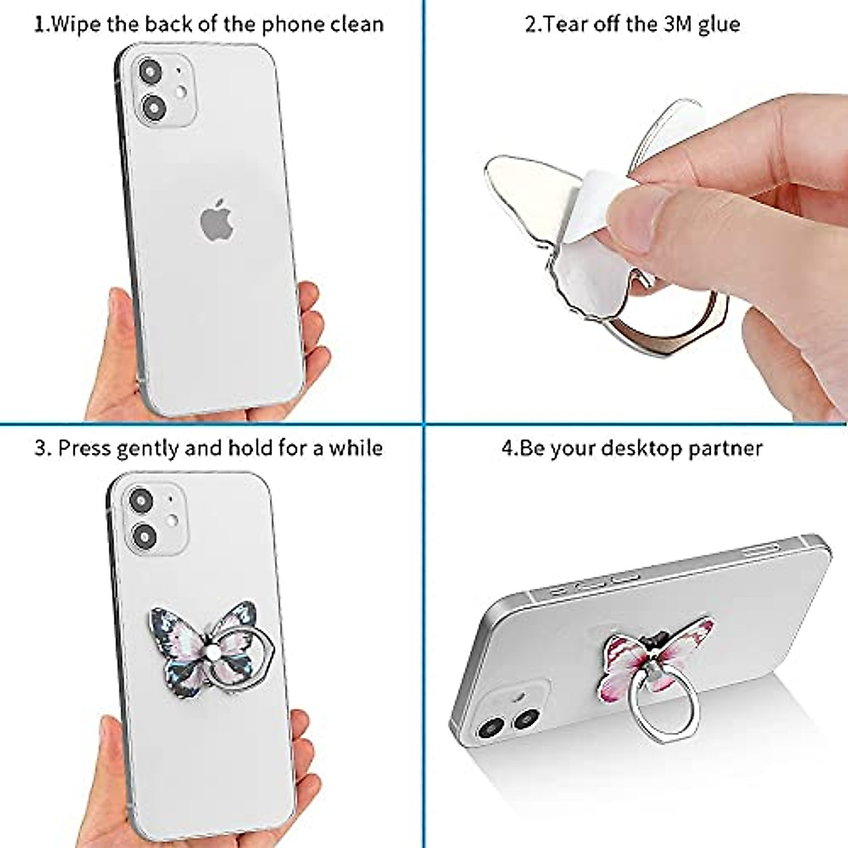 LSL Cute Butterfly Cell Phone Ring Holder 360°Rotation Metal Finger Stand Kickstand Universal Compatible with iPhone Samsung Galaxy LG Google Pixel iPad Three Pack Pink Blue Purple Pretty Butterfly