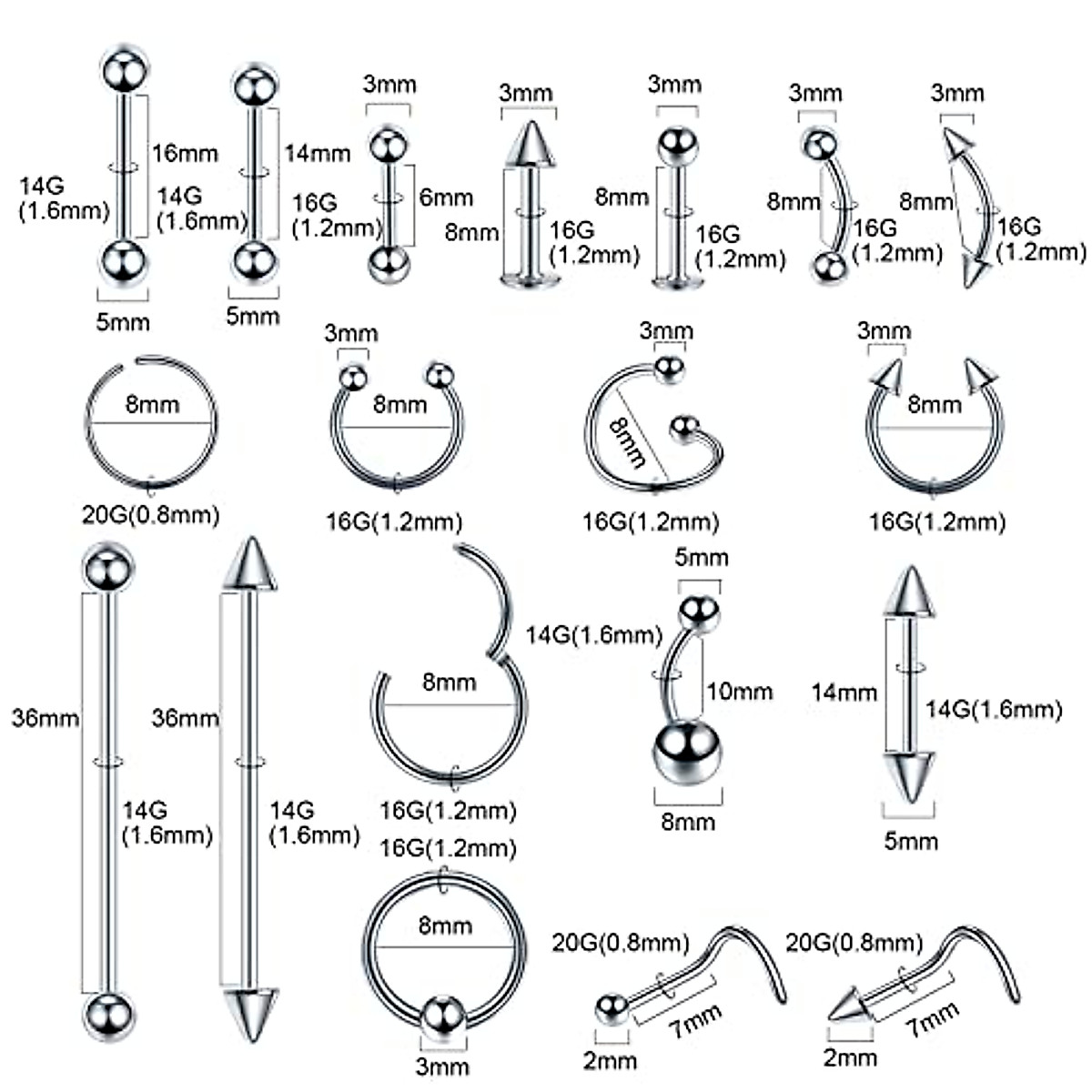 Aumeo 140PCS Stainless Steel Body Piercing Kit 14G 16G 20G Piercing Needles Belly Button Rings Tongue Tragus Cartilage Helix Daith Rook Earring Lip Eyebrow Nose Rings Body Jewelry Tool