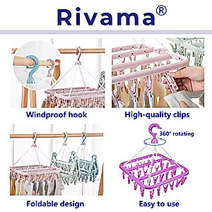 Rivama Clothes Drying Hanger with 32 Clips,Baby Clothes Drying Rack,Sock Clips for Laundry Foldable Clothes Hangers for Drying Socks,Towels,Underwear,Bras,Diapers,Baby Clothes,Gloves,Hats (Purple)