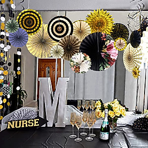ADLKGG Party Hanging Paper Fans Set, Black Gold Round Pattern Paper Garlands Decoration for Birthday Wedding Bridal shower Graduation Events Accessories, Set of 16