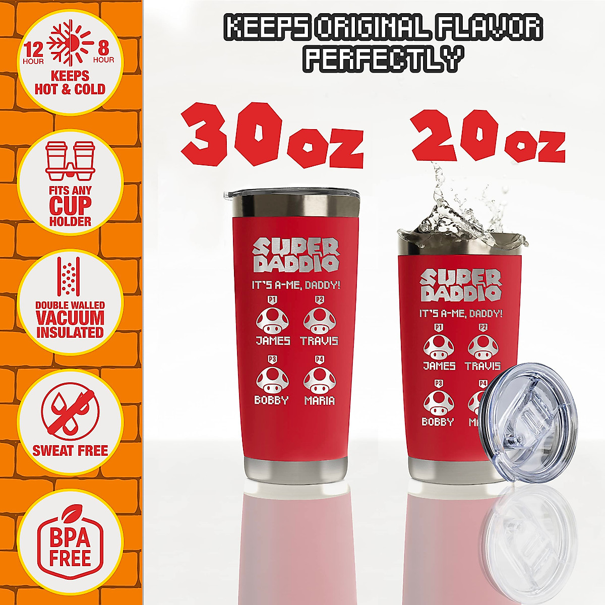 Super Daddio Tumbler with Kids Names, Personalized Tumblers for Dad, 13 Vibrant Colors - 20oz & 30oz, Double-Walled Stainless Steel Dad Tumbler