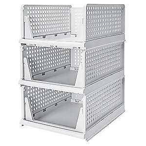 Homde Closet Organizer Stackable 3 Pack (16.73 x 13.11 x 7.36 inches) Clothes Organizer Foldable Plastic T-Shirt Storage Containers Large Capacity Collapsible Kid Toy Food Rack White for Wardrobe