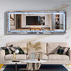 Hasipu Full-Length Mirror 63”×20” with Lights and Crystal Crush Diamond, Wall Mounted Hanging Diamond Mirror Leaning for Living Room Bedroom