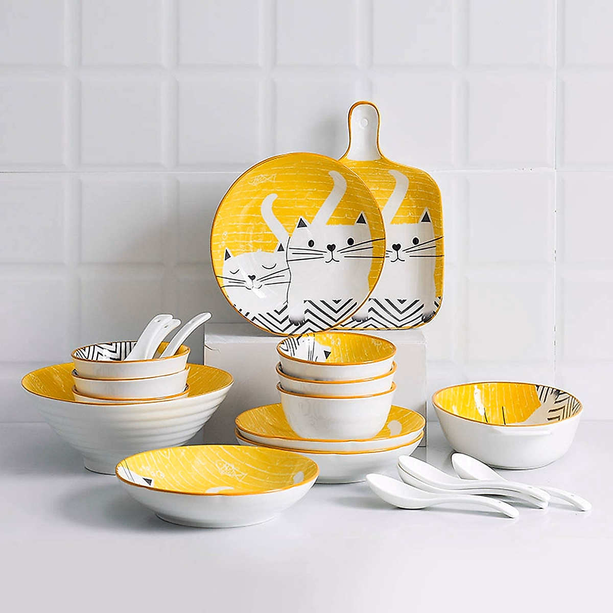 GagalU Porcelain Plate and Bowl Set,Creative Home Dinnerware Set 20 Piece of Cute Hand-Painted Cat Dinner Plate Sets Ceramic Plates and Bowls Sets, Service for 6 Dinnerware Set