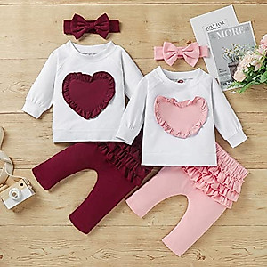 Dimoybabe Baby Girl Clothes Infant Outfits Set 3 Pieces Long Sleeve Sweatshirt Love Heart + Ruffle Pants + Headband 3-6 Months, Red