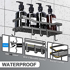Homarkable 4-Pack Adhesive Shower Caddy, Wall Mounted Bathroom Shower Shelves with Soap Holder, No Drilling Stainless Steel Shower Organizer for Inside Shower & Kitchen Storage, with 4 Hooks (Black)