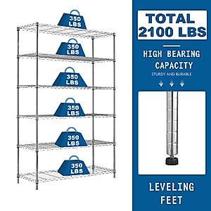 Hudada Garage Shelving 48 L×18 W×82 H Wire Shelving with Wheels Metal Storage Shelves Heavy Duty 6 Tier Adjustable Shelving with Casters for Restaurant Garage Pantry Kitchen Garage Rack - Chrome