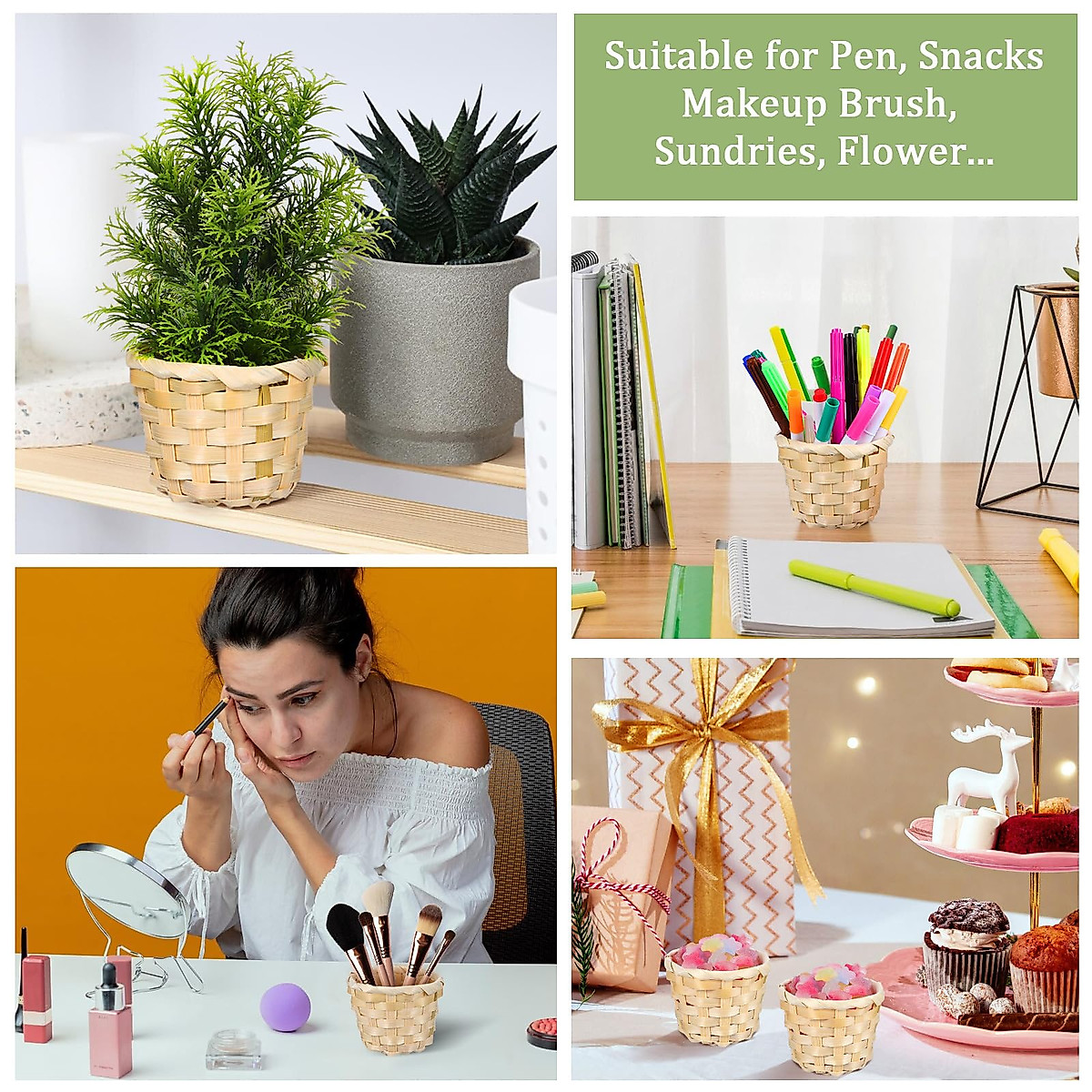 Amosfun 6pcs Mini Handwoven Bamboo Baskets Table Centerpieces Pen Pencil Cups Makeup Brush Storage 3 x 3 x 2.4 Inch