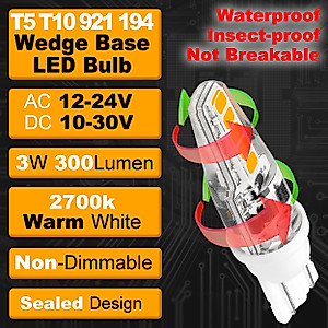 Hylroe T10 Wedge Base Landscape 194 921 LED Light Bulb 2700K Warm White 3W Equivalent 15W 20W Low Voltage AC/DC12V-24V T5 LED Bulb for Landsacpe Garden Deck RV Camper Marine Boat Dome Lighting, 8 Pack