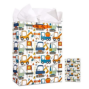 XJF Large Gift Bag with Tissue Paper and Card for Boys,13inch Vehicle Party Gift Bag for Kids,Adults,Birthdays,Kids Parties, Christmas, Holidays, 13inch x 10.5inch x 5.8inch