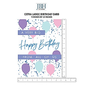 JBH Creations Big Birthday Balloon Drop Card - Extra Large 9 x 12 with Envelope - Pastel