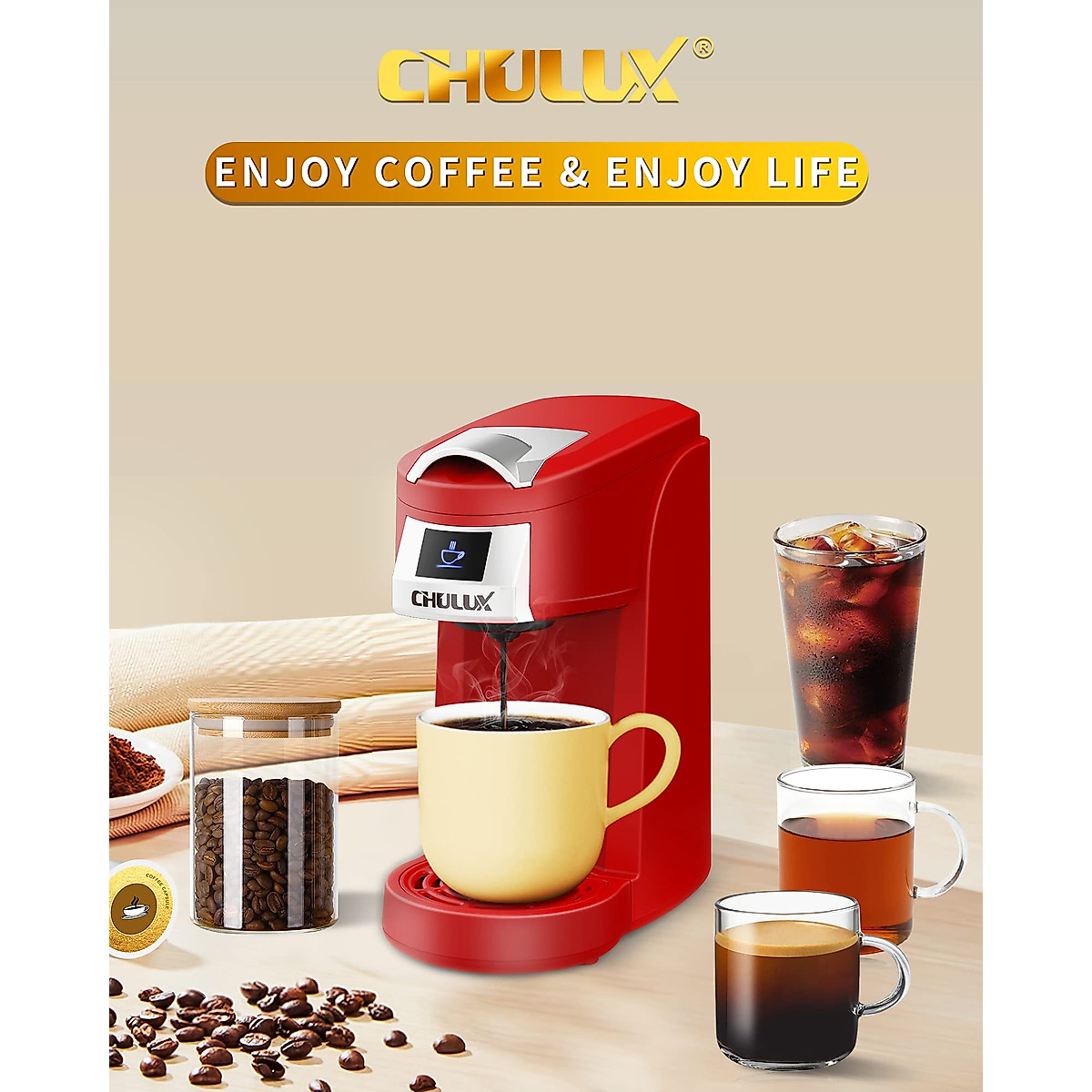CHULUX Single Serve Coffee Maker, Red Single Cup Coffee Machine for K Cup & Ground Coffee, 5 to 12oz Brew Sizes in Mins for Home, Office, Travel, Kitchen