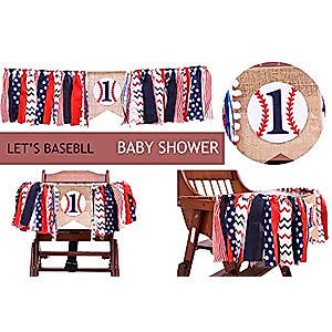 Baseball Banner for 1 St Birthday - First Birthday Decorations for Baseball Rag Tie Fabric Garland, Photo Booth Props Red White Blue, Birthday Souvenir and Gifts for Boy
