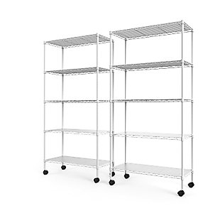 pouseayar Wire Shelving Unit 5 Tier NSF Metal Shelf, 750lbs Capacity Adjustable Storage Rack with Wheels & Shelf Liners for Garage Kitchen Office Bathroom, 60" H x 30" L x 14" D - White Set of 2