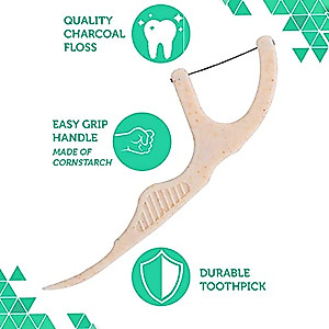 Organic Dental Floss Picks - Natural Biodegradable Floss Sticks with Strong Bamboo Charcoal Thread & Vegan Corn Starch Handle - No Plastics & No Artificial Flavours - Eco-Friendly Kids Flossers