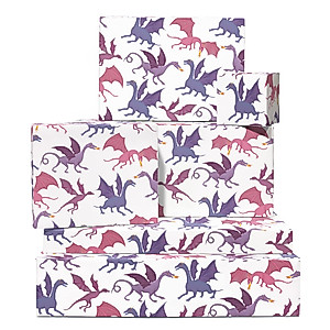 CENTRAL 23 Dragon Wrapping Paper - Boy Birthday Wrapping Paper - 6 Sheets White Gift Wrap Paper - Baby Shower Wrapping Paper Boy - Comes With Fun Stickers - Recyclable