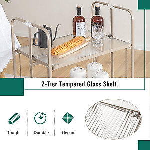 LOKO 2-Tier Foldable Bar Cart on Wheels, Mobile Home Bar & Serving Cart with Tempered Glass Shelf, Rolling Kitchen Island Cart with Powder-Coated Metal Frame, for Dining Room Living Room, Rose Gold