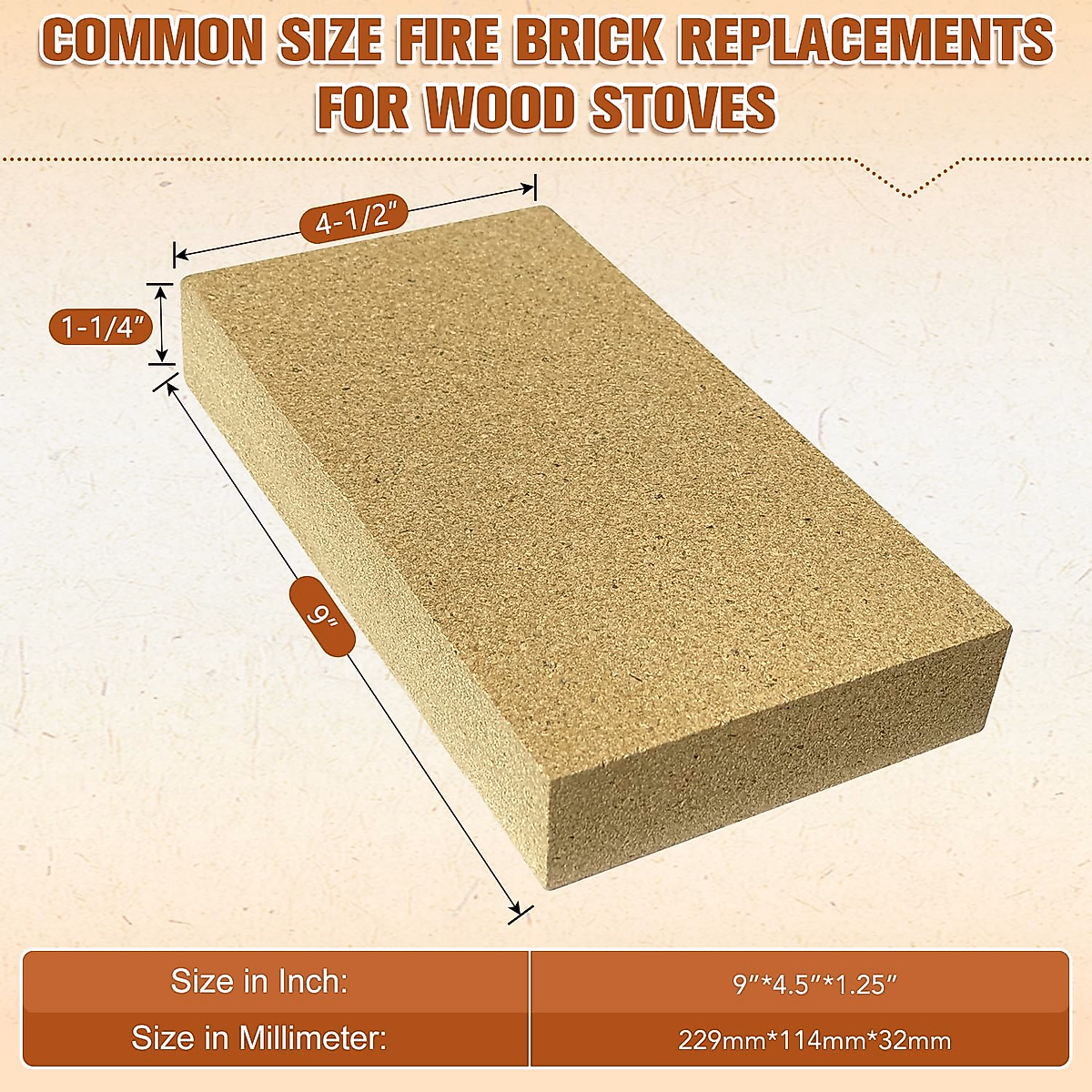 Fire Bricks, FireBrick, High Temperature Insulated Firebricks for Wood Stoves, Fireplaces, Size 9" X 4-1/2" X 1-1/4", Pack of 12, Wood Stove Bricks, Fireplace Brick