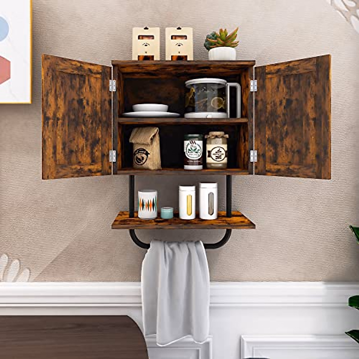 LOKO Bathroom Wall Cabinet, Space Saver Medicine Cabinet with 2 Doors, Storage Shelves & Towel Bar, Wall Mounted Towel Cabinet for Bathroom, Kitchen, Entryway (Rustic Brown)