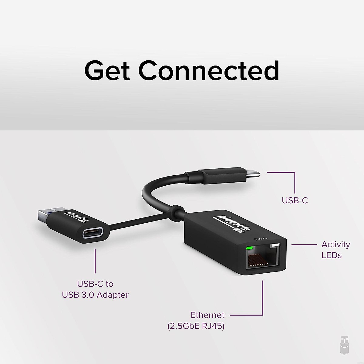 Plugable 2.5GB USB Ethernet Adapter for Laptop, 2-in-1 Cable, USB 2.5GB Ethernet Adapter, USB-C and USB Compaitble, USB-C to RJ45 2.5 Gigabit LAN Ethernet, Compatible with Mac and Windows