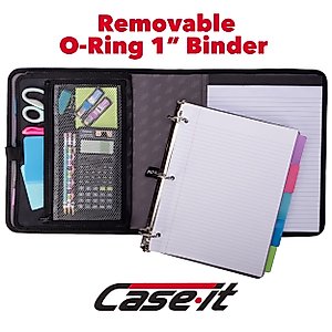Case-it Padfolio with 1" Removable O-Ring Binder, with 5-Color Tabbed Expanding File Folder, Mesh Pockets, Pen Loops, Secure Elastic Strap Closure, Slim-700-FN, Black