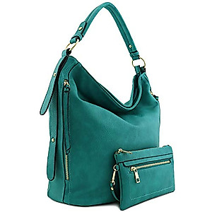 2pc Set Faux Leather Large Hobo Bag with Pouch Purse (Teal)