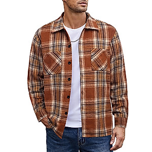 COOFANDY Men's Brown Flannels Plaid Shirts Regular Fit Long Sleeve Button Down Shacket Vintage Western Shirts
