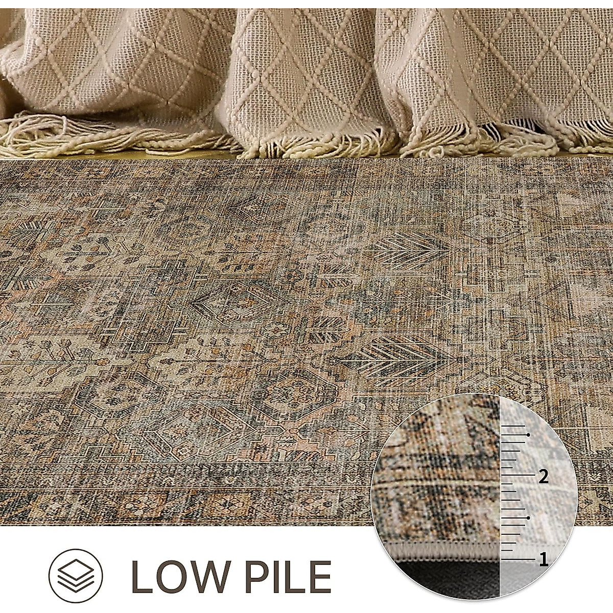 Bavni Area Rug 8x10 Machine Washable Vintage Distressed Print Ultra-Thin Chenille Bedroom Living Room Accent Rug, Low Pile Lightweight Non Slip with Gripper, Sage/Charcoal
