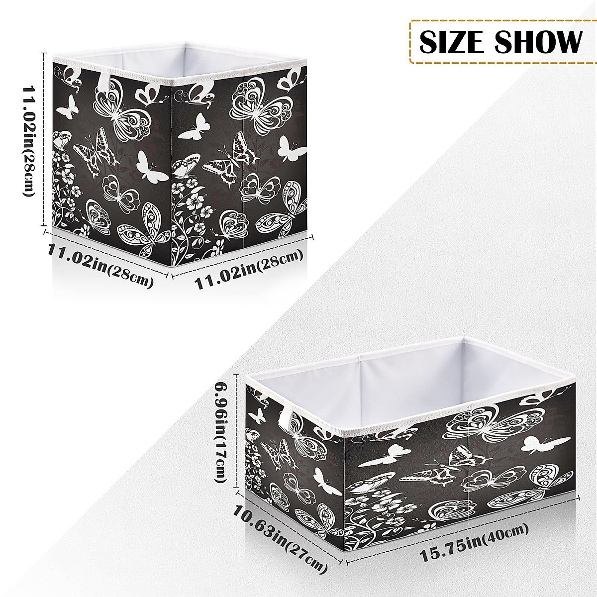 Kigai Black White Butterfly Flower Cube Storage Bins - 11x11x11 In Large Foldable Storage Basket Fabric Storage Baskes Organizer for Toys, Books, Shelves, Closet, Home Decor