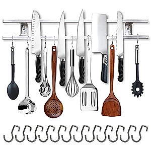 18 Inch Magnetic Knife Holder for Wall Mount-Magnetic Knife Strips with 12 Hook-304 Stainless Steel Wall Magnetic Knife Bar Rack-Knife Block-Knife Rack-Utensil Hanger-Kitchen Utensil Holder