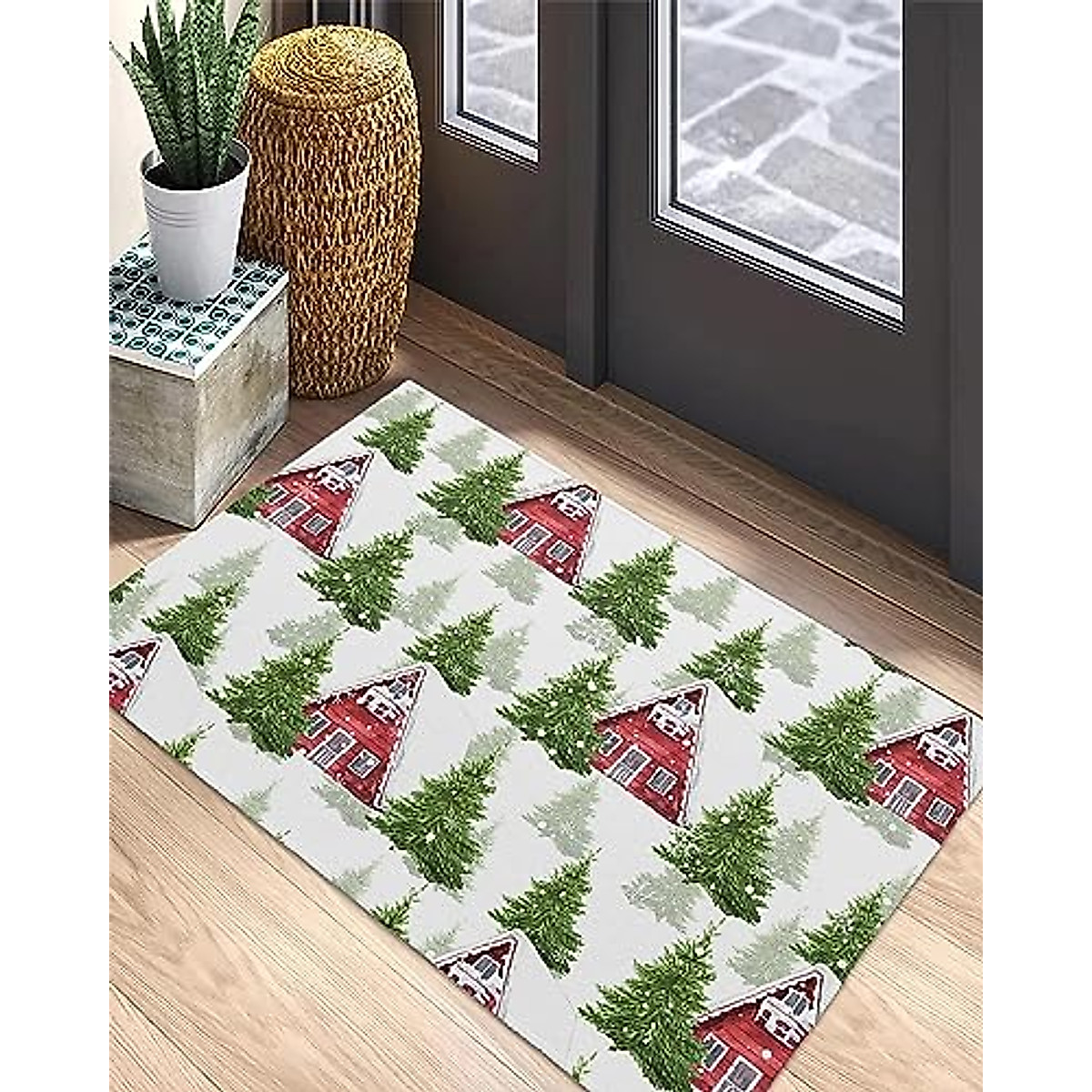 Indoor Outdoor Mats, Christmas Tree and Farm Barn Tile Pattern Door Mat, Non-Slip Absorbent Resist Dirt Entrance Mat Washable Welcome Mats for Entryway, Low-Profile Floor Mats