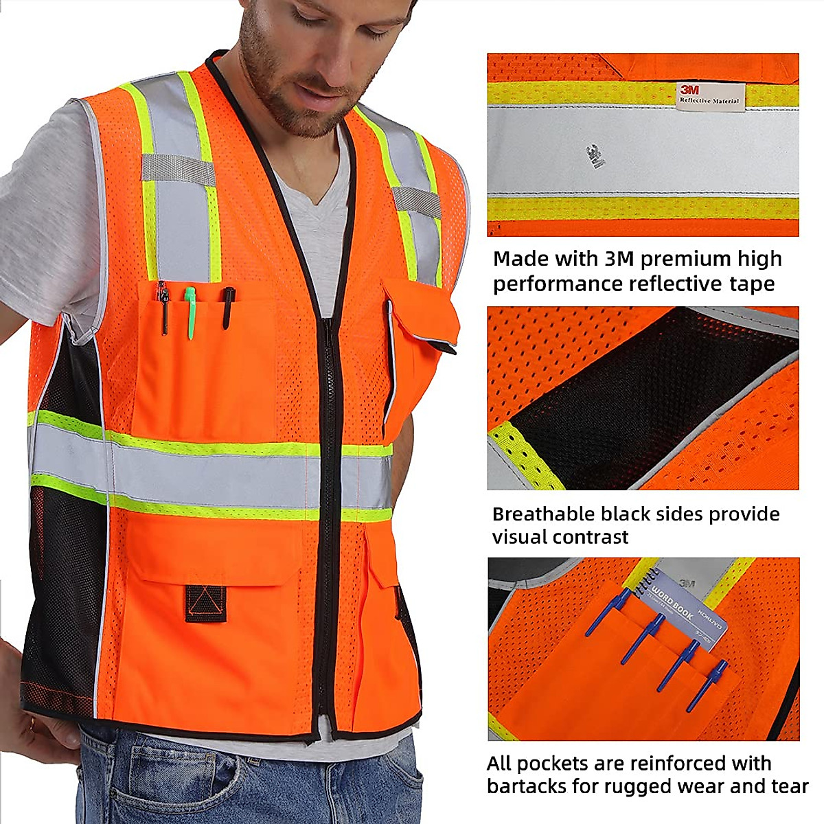 Dib Safety Vest Reflective Orange Mesh, High Visibility Vest with Pockets and Zipper, Heavy Duty Vest Made with 3M Reflective Tape L
