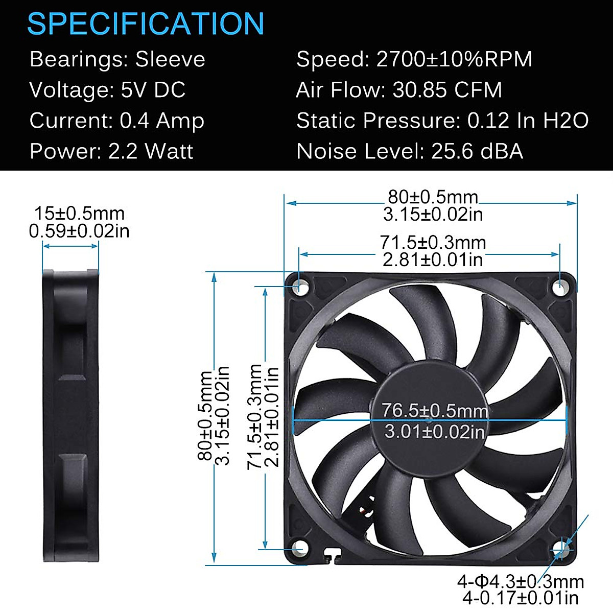 GDSTIME USB Connector 80mm x 80mm x 15mm DC 5V Power 3 Inch Brushless Cooling Fan