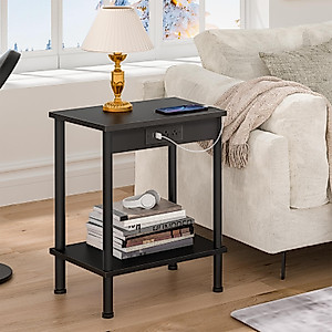YUFAM End Table with Charging Station Set of 2,Small Side Table with USB Ports and Outlets,2-Tier Nightstand with Storage Shelf,Sofa Bedside Table for Small Space in Living Room, Bedroom, Black