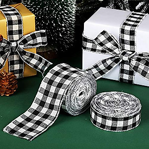 2 Rolls Buffalo Plaid Burlap Wired Ribbon Weave Ribbon with Wired Edge for Christmas Crafts Floral Bows Craft Decoration, 2.4 Inches by 315 Inches (Black and White Plaid)