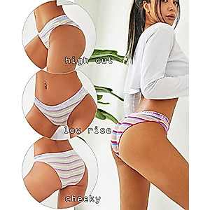 FINETOO Cotton Underwear for Women Cheeky High Cut Colorful Stripes Sexy Ladies Hipster Bikini Panties Pack S-XL
