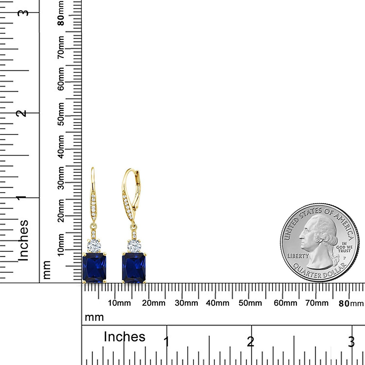 Gem Stone King 18K Yellow Gold Plated Silver Blue Created Sapphire Dangle Earrings For Women (5.40 Cttw, Gemstone September Birthstone, Octagon 9X7MM)