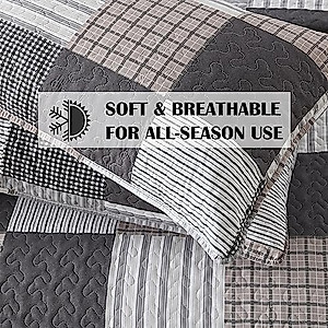 HIARUO Quilt Set Queen Size, 3 Pieces Bedspread Coverlet Plaid Patchwork Quilt Farmhouse Queen Size Comforter Set Lightweight Bedding with 2 Pillow Covers Shams for All Season Gray Brown White