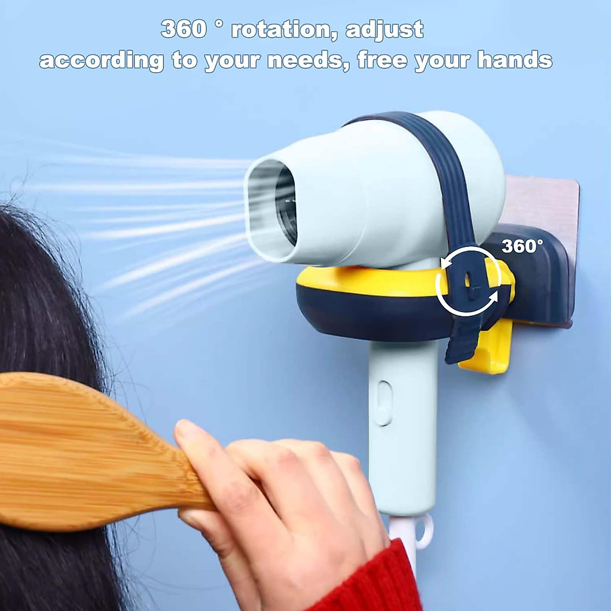 RAUWIZX Wall Mounted Hair Dryer Rack, Adjustable Hands-Free Hair Dryer Rack, Hole-Free Self-Adhesive Bathroom Hair Dryer Storage Rack, 360° Rotating Hair Dryer Holder. Suitable for Bathroom, Bedroom.