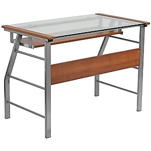Flash Furniture Tremont Glass Computer Desk with Pull-Out Keyboard Tray and Bowed Front Frame, Clear/Silver, Set of 1