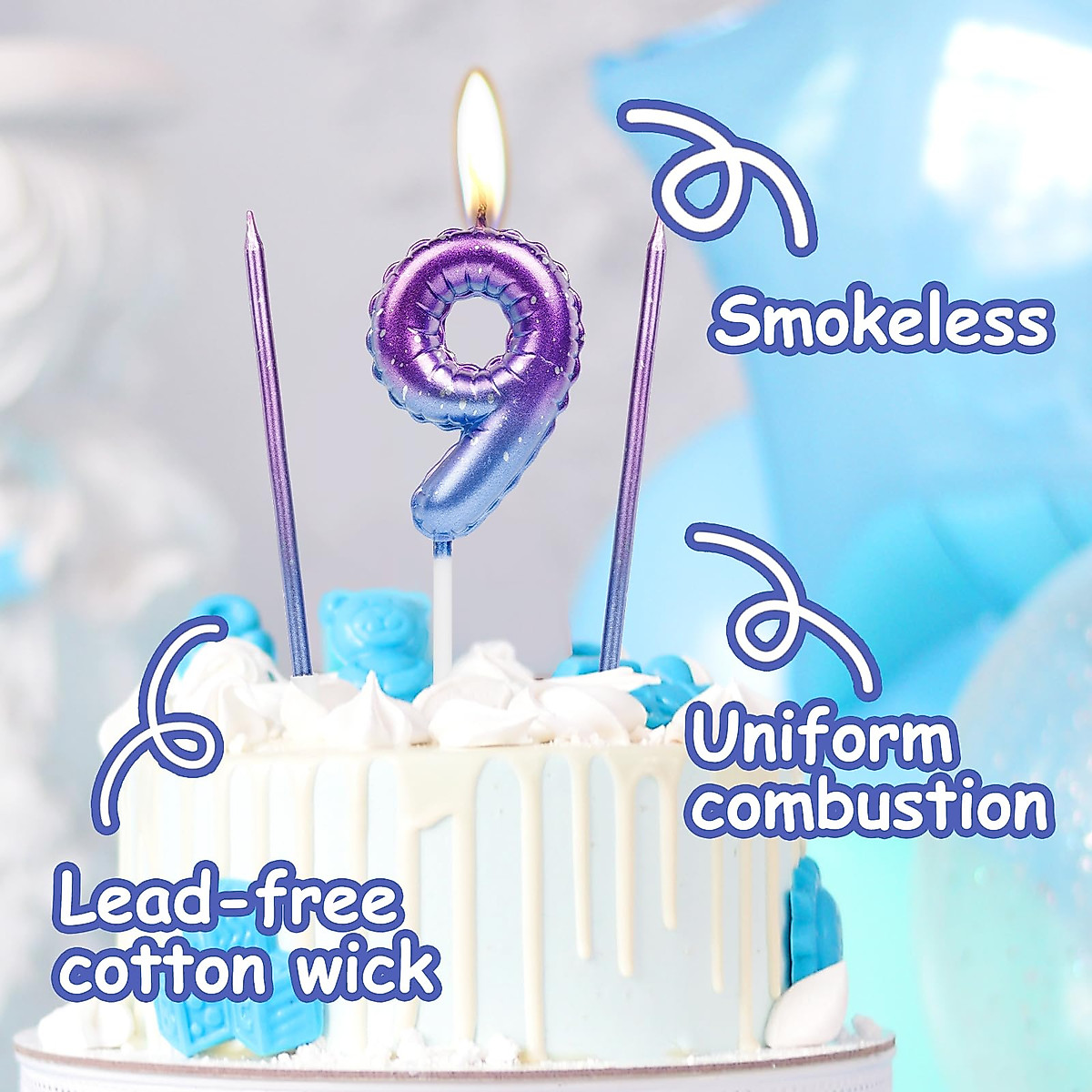 iNINGER New Purple Blue Number 7 Happy Birthday,7th Helium Foil Balloons Style Digital Gradient Candles,3D Number Candles for Birthday Cake Party Decoration Wedding Anniversary Celebration Supplies