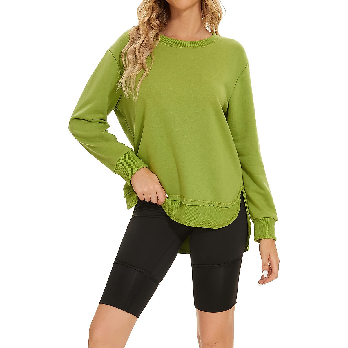 Pkabogbi Womens Long Sleeve Crewneck Pullover Sweatshirt No Hood Loose Fit Basic Green Sweatshirts Side Split Pullover Tops Green Small