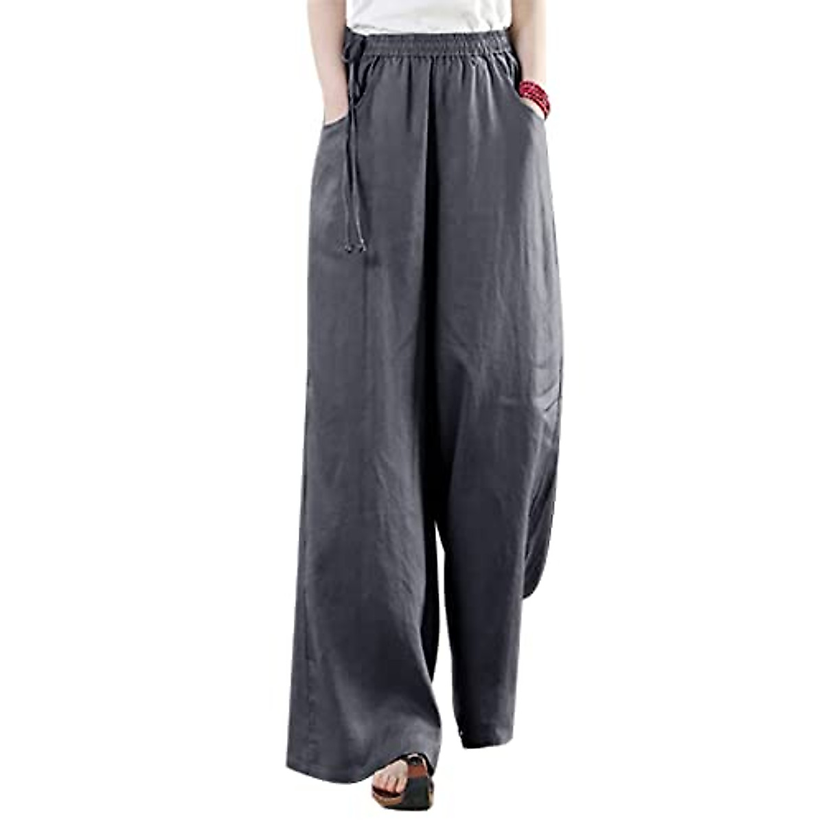 Les umes Women's Casual Wide Leg Long Pants High Waist Drawsting Loose Palazzo Pants Cotton Linen Beach Trousers Grey XL