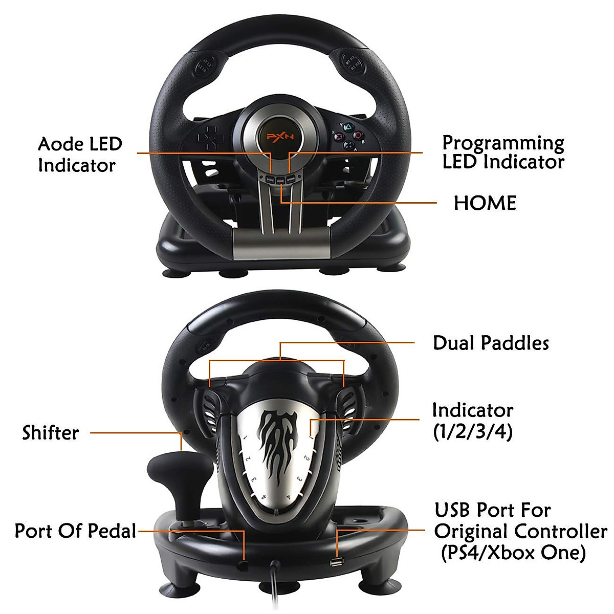 Racing Wheel, PXN-V3II 180° Game Racing Steering Wheel with Pedal and Shift Paddle, Compatible for PC, PS3, PS4, Xbox One, Nintendo Switch.（Black）