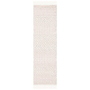 SAFAVIEH Natura Collection Runner Rug - 2'3" x 12', Ivory & Pink, Handmade Moroccan Boho Wool Fringe, Ideal for High Traffic Areas in Living Room, Bedroom (NAT852R)